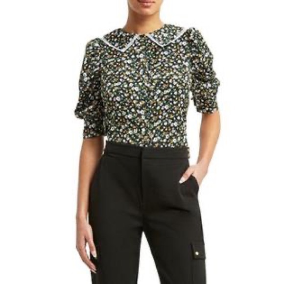 H by Halston | Tops | Halston Floral Lace Trim Peter Pan Collar Blouse ...